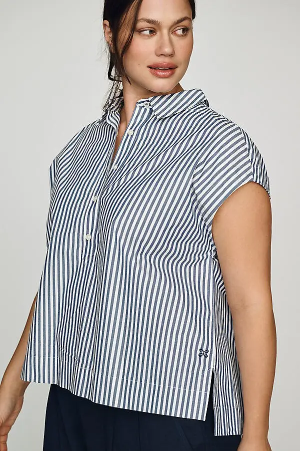 Maeve 100% Cotton Sleeveless Buttondown Shirt - Blue Stripe