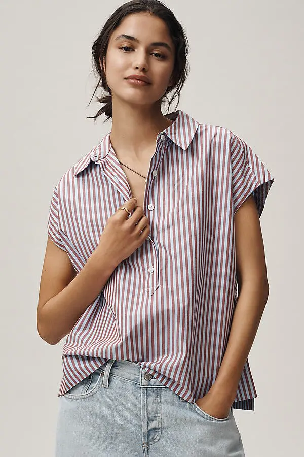 Maeve 100% Cotton Sleeveless Buttondown Shirt - Brown And Blue Stripe