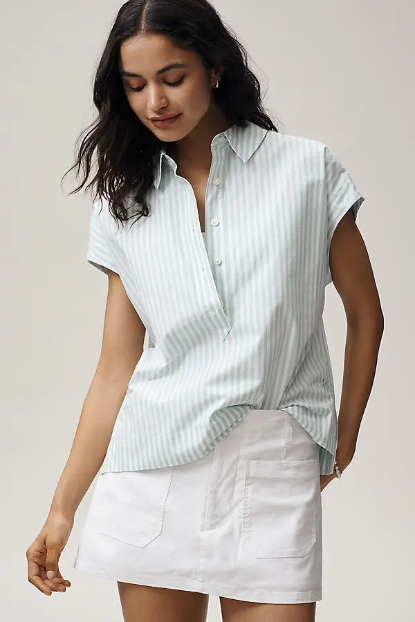 Maeve 100% Cotton Sleeveless Buttondown Shirt - Green Stripe