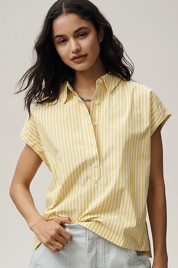 Maeve 100% Cotton Sleeveless Buttondown Shirt - Yellow Stripe