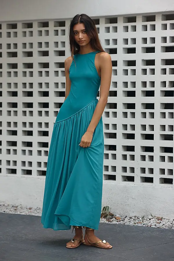 Siempre Asymmetric Halter Maxi Dress - Teal