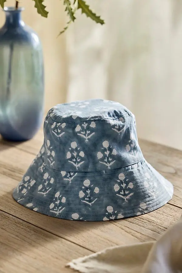 TERRAIN Block Print Cotton Bucket Hat - Blue