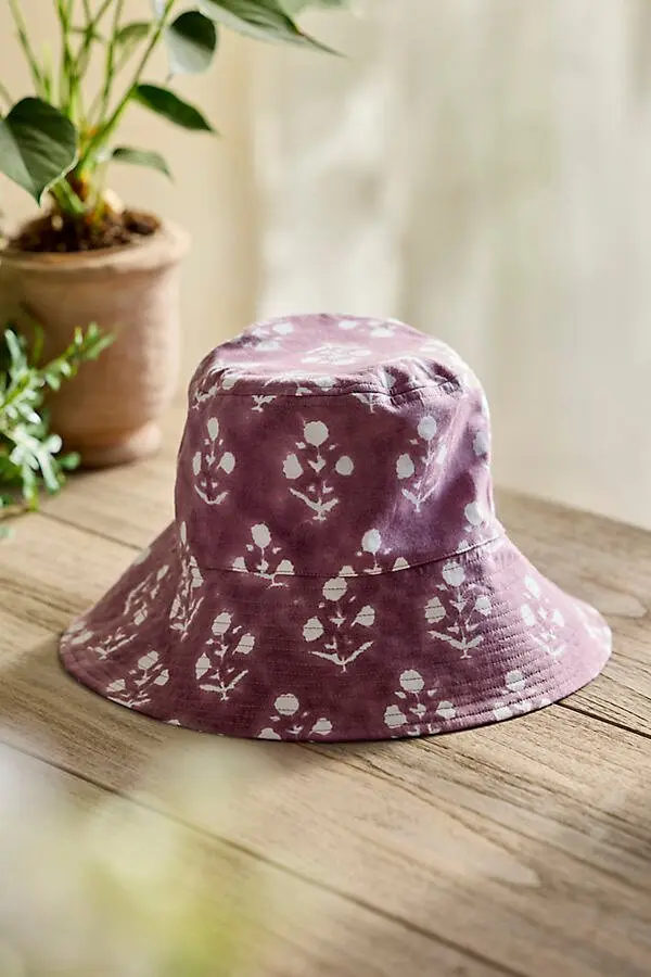 TERRAIN Block Print Cotton Bucket Hat - Light Purple