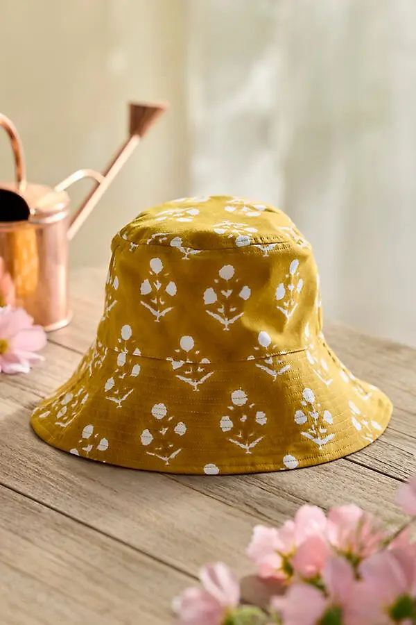 TERRAIN Block Print Cotton Bucket Hat - Yellow