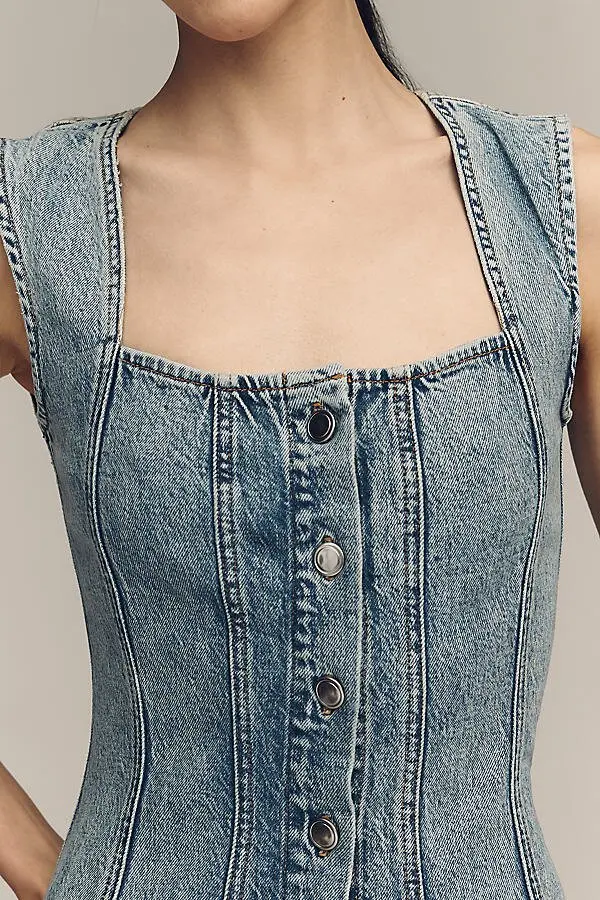 Good American Sleeveless Square-neck Denim Mini Dress