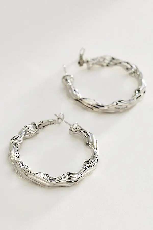 Anthropologie Wavy Textured Hoop Earrings - Silver
