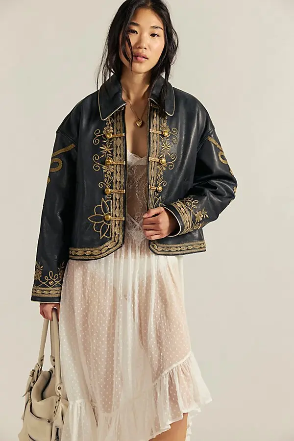 Free People Lana Leather Band Jacket