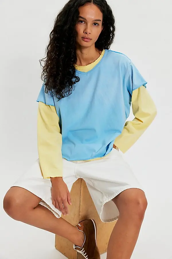 FOUND Double Layer Long-sleeve Tee - Faded Blue And Yellow