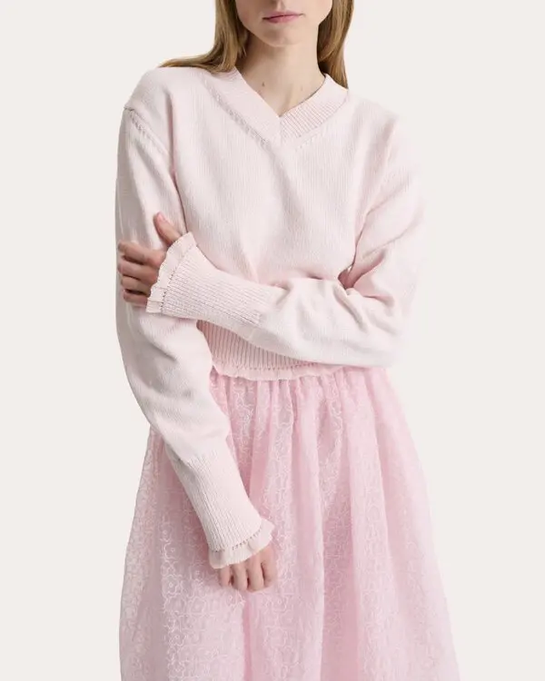 Cecilie Bahnsen Drusilla Wool Knit Ruffle V-neck Sweater