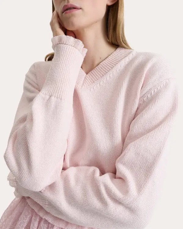 Cecilie Bahnsen Drusilla Wool Knit Ruffle V-neck Sweater