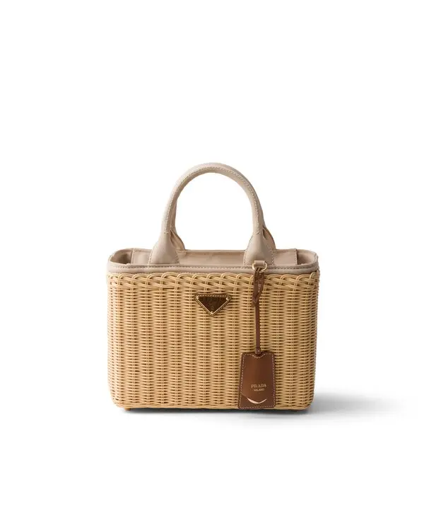 Prada Wicker And Canvas Tote Bag