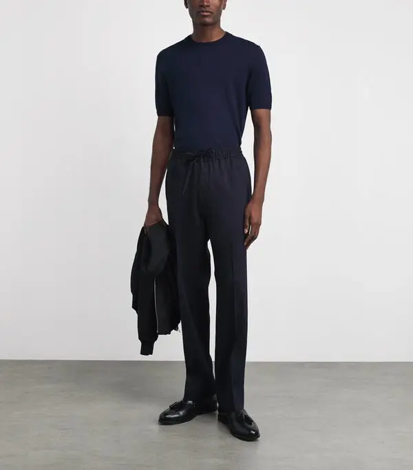 Corneliani Linen, Virgin Wool, And Mohair Drawstring Trousers - Navy