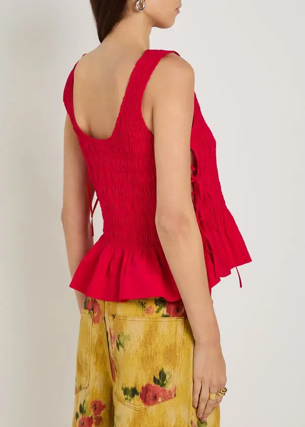 GANNI Smocked Cotton-poplin Top - Red