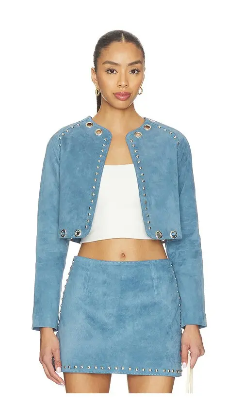 ZUT Darby Cropped Leather Jacket With Grommets And Studs - Blue