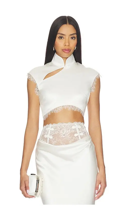 SAU LEE Lila Satin Top With Lace Trim - Ivory