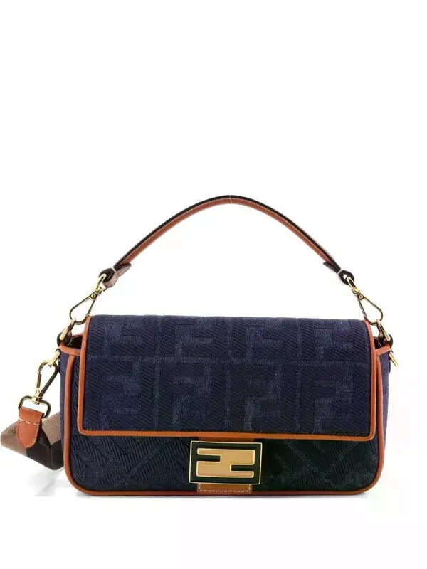 Fendi Baguette Nm Zucca Embroidered Denim Medium Shoulder Bag - Blue