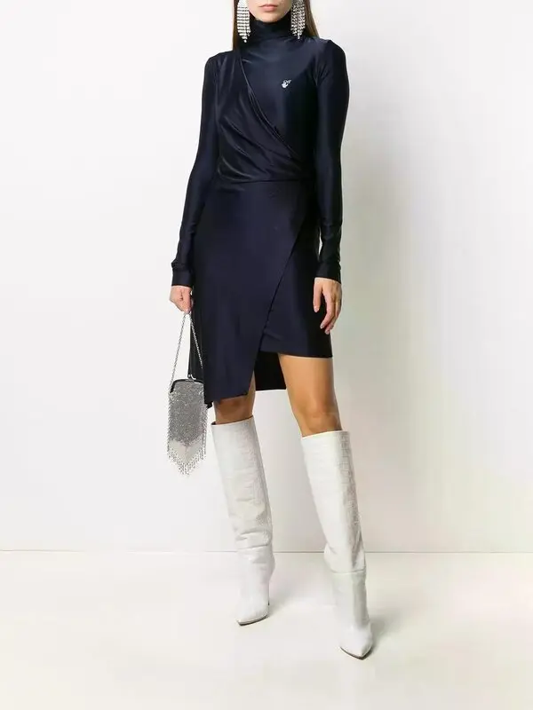 Off-White Logo Print Draped Asymmetric Dress