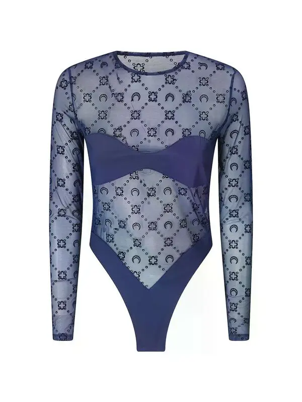 MARINE SERRE Moonogram Flock-print Mesh Bodysuit - Blue