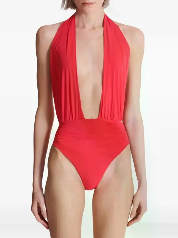 Balmain Halterneck Swimsuit With Gathered Detail - Red