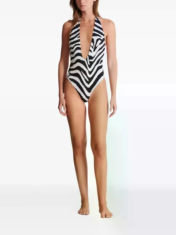 Balmain Zebra-print Halterneck Swimsuit - White