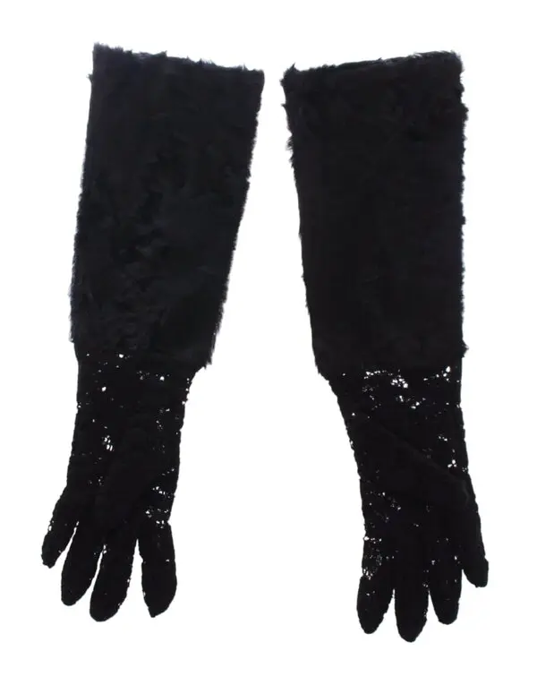 Dolce & Gabbana Wool Lace & Lamb Fur Elbow Gloves - Black