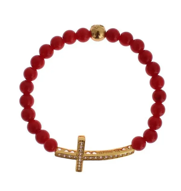 NIALAYA JEWELRY Red Coral Gold Cz Cross 925 Sterling Bracelet - Silver