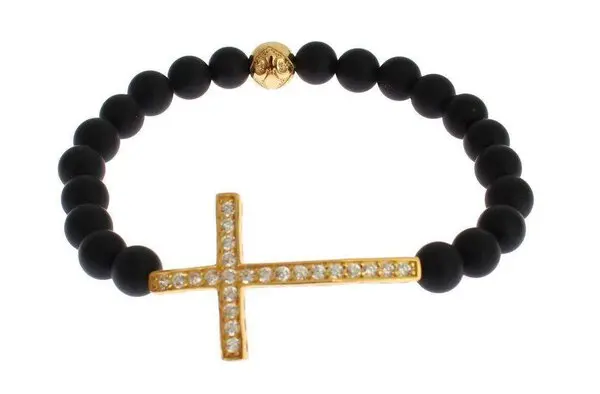 NIALAYA JEWELRY Matte Onyx Stone Gold Cz Cross 925 Bracelet - Silver