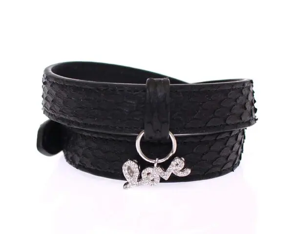NIALAYA JEWELRY Snakeskin Bracelet With Cz Diamond And Sterling Silver Love Charm - Black