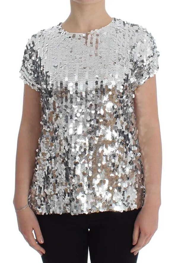 Dolce & Gabbana Sequined Crewneck Blouse T-shirt Top - Silver