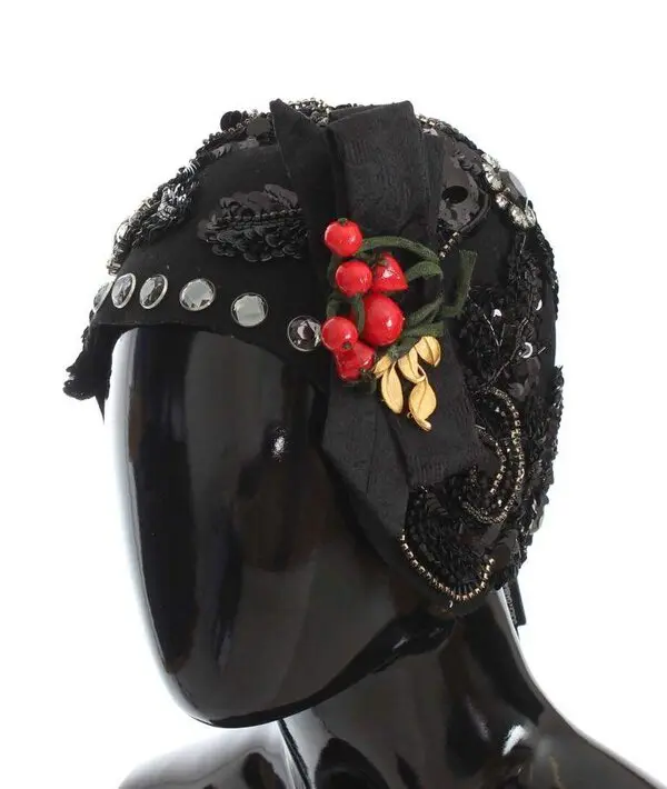Dolce & Gabbana Crystal Cherry Brooch Hat - Black