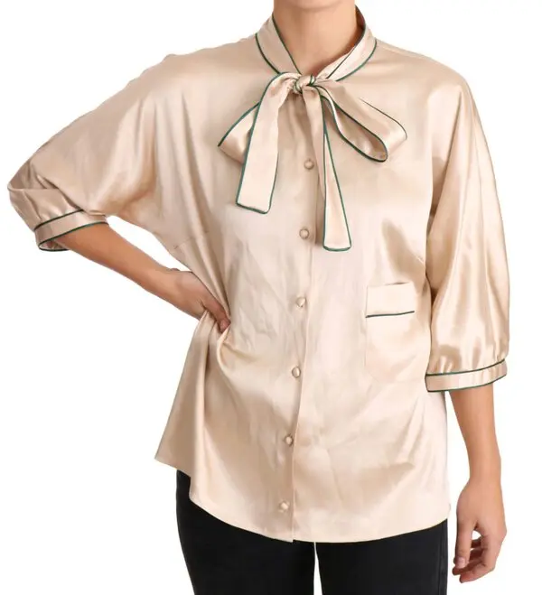 Dolce & Gabbana Ribbon Silk Stretch Top Blouse - Beige