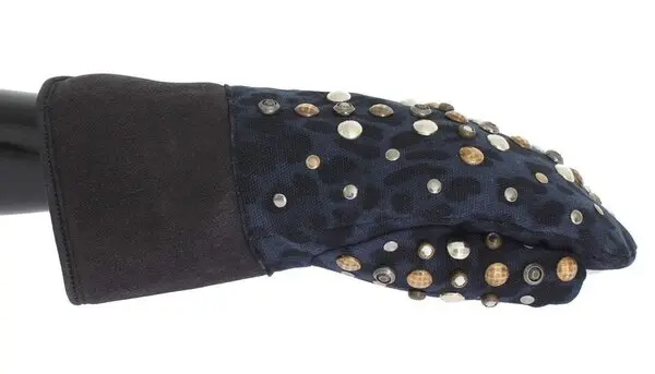 Dolce & Gabbana Wool Shearling Studded Blue Leopard Gloves - Gray