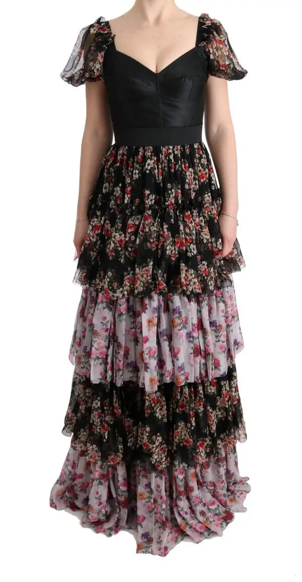 Dolce & Gabbana Floral Printed Silk Blend Stretch Long Dress
