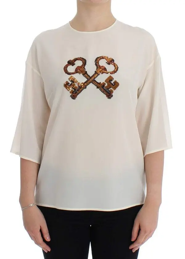 Dolce & Gabbana Sequined Key Silk Blouse T-shirt Top - White