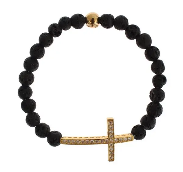 NIALAYA JEWELRY Lava Stone Bracelet With Cz Cross - Silver