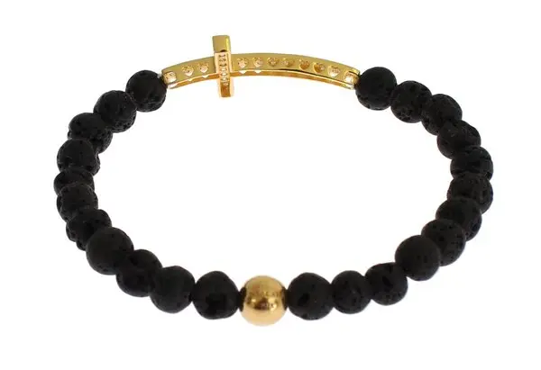 NIALAYA JEWELRY Lava Stone Bracelet With Cz Cross
