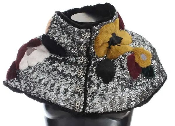 Dolce & Gabbana Sequined Floral Weasel Fur Shoulder Scarf Wrap - Silver