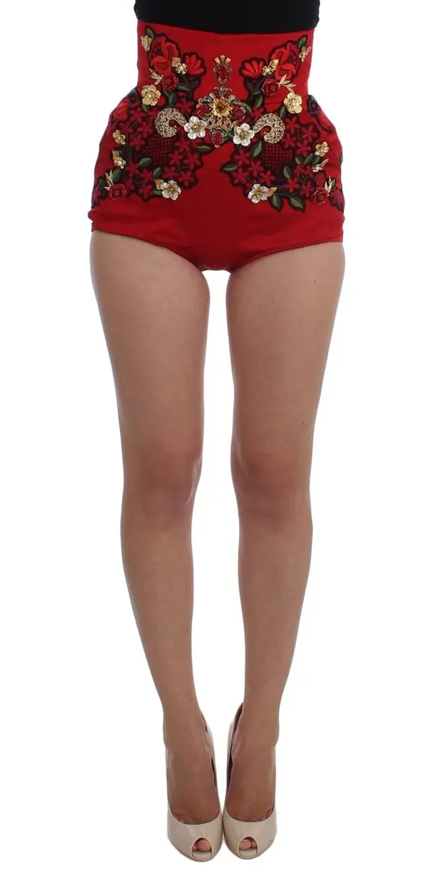 Dolce & Gabbana Silk Crystal Roses High Waist Mini Shorts