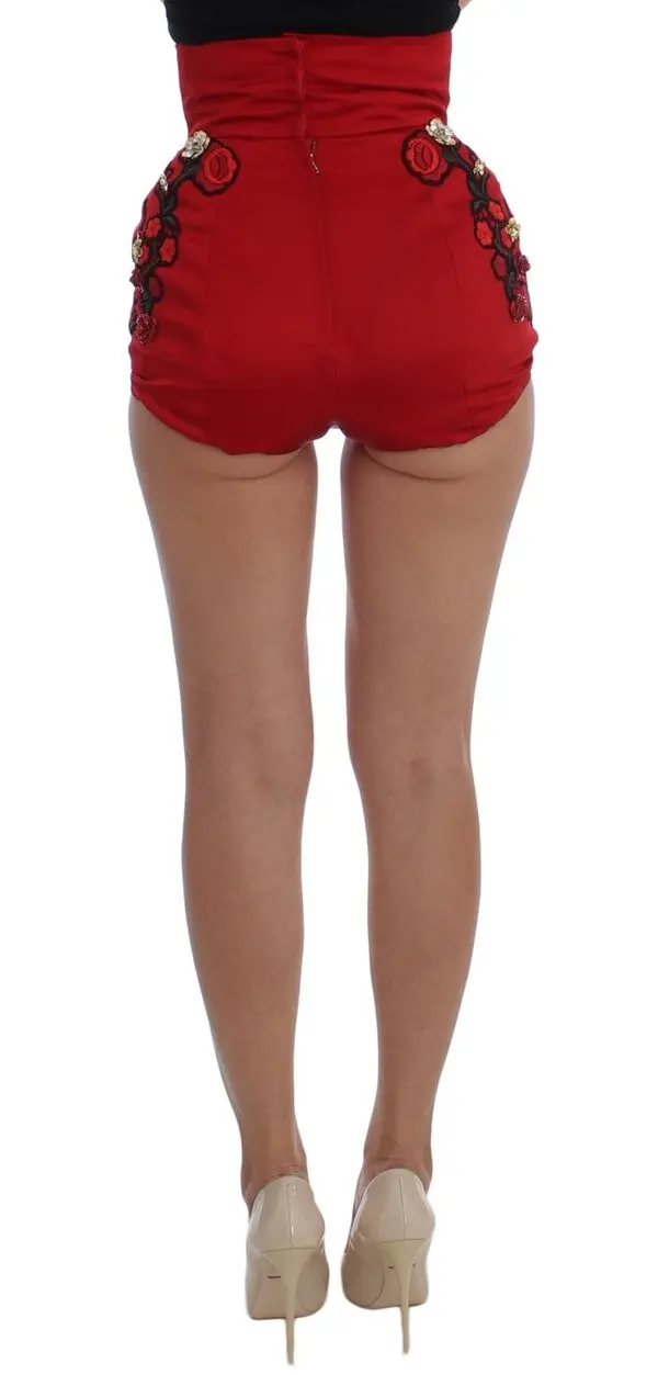 Dolce & Gabbana Silk Crystal Roses High Waist Mini Shorts