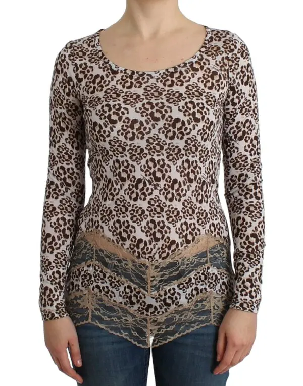 Roberto Cavalli Just Long Sleeve Lace Trimmed Animal Print Top - Brown