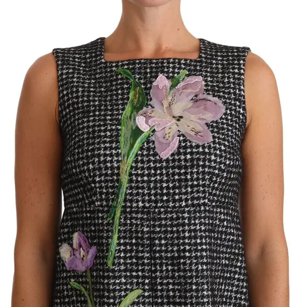 Dolce & Gabbana Houndstooth Floral Appliqué Shift Mini Dress