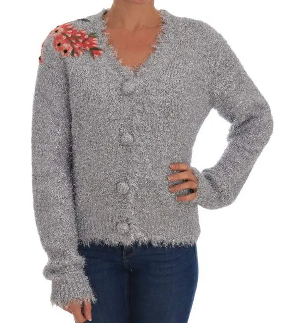 Dolce & Gabbana Cardigan Floral Applique Sweater - Silver