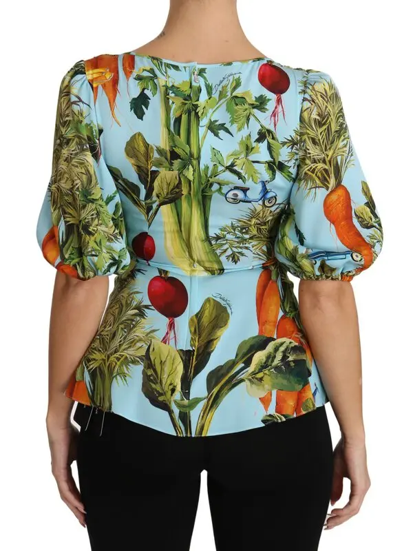 Dolce & Gabbana Vegetable Print Silk Peplum Wrap Blouse