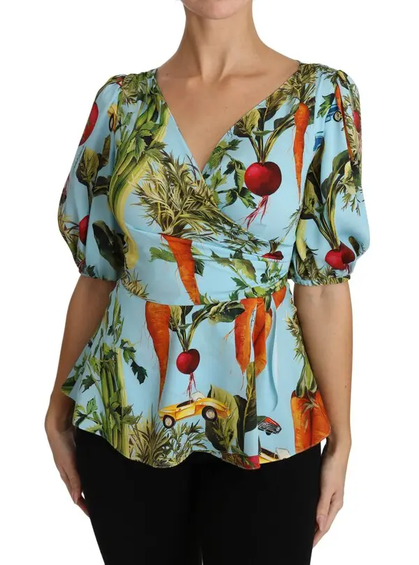 Dolce & Gabbana Vegetable Print Silk Peplum Wrap Blouse