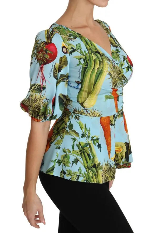 Dolce & Gabbana Vegetable Print Silk Peplum Wrap Blouse
