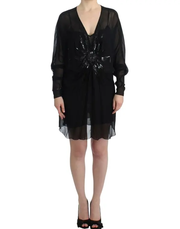 Roberto Cavalli Long Sleeve Silk Blouson Dress - Black