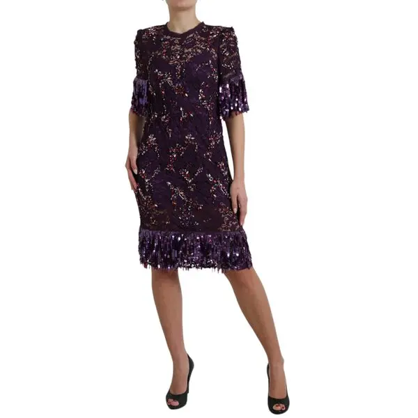 Dolce & Gabbana Floral Lace Crystal Embedded Sheath Dress - Purple