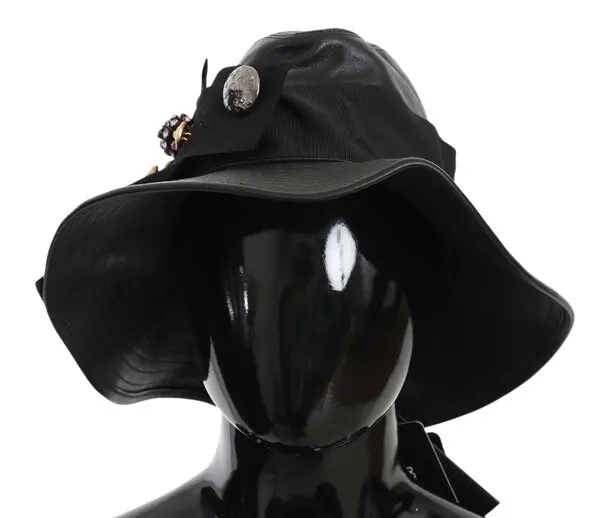 Dolce & Gabbana Leather Wide Brim Hat With Dg Coin And Crystal Details - Black
