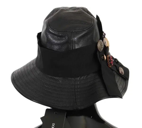 Dolce & Gabbana Leather Wide Brim Hat With Dg Coin And Crystal Details