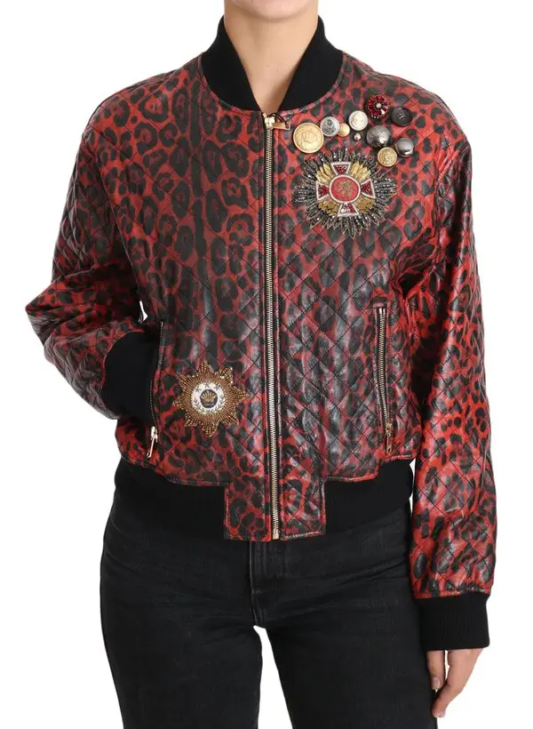 Dolce & Gabbana Leopard Print Crystal Embellished Leather Jacket